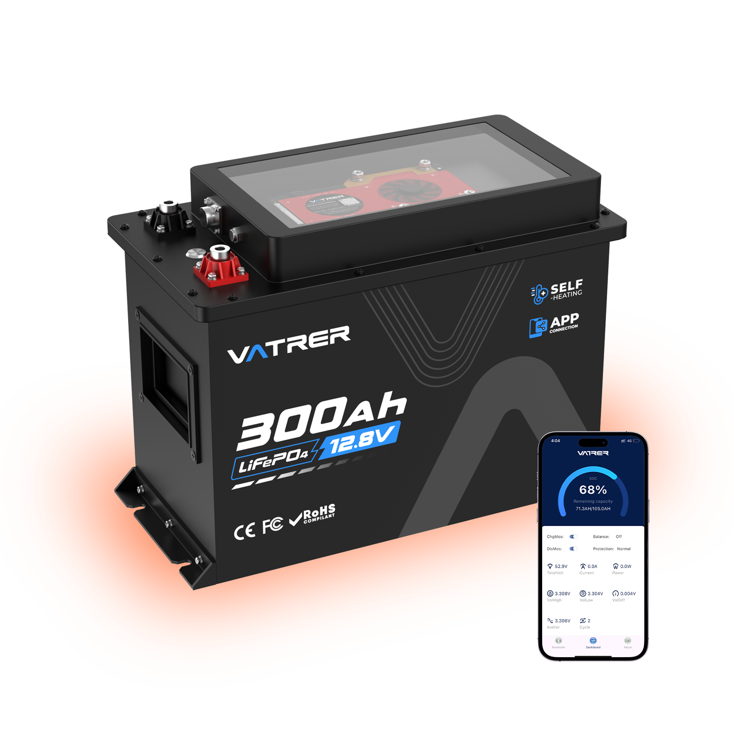 Vatrer 12V 300Ah RV Lithium Battery With Self-heating Function, 3kWh RV ...