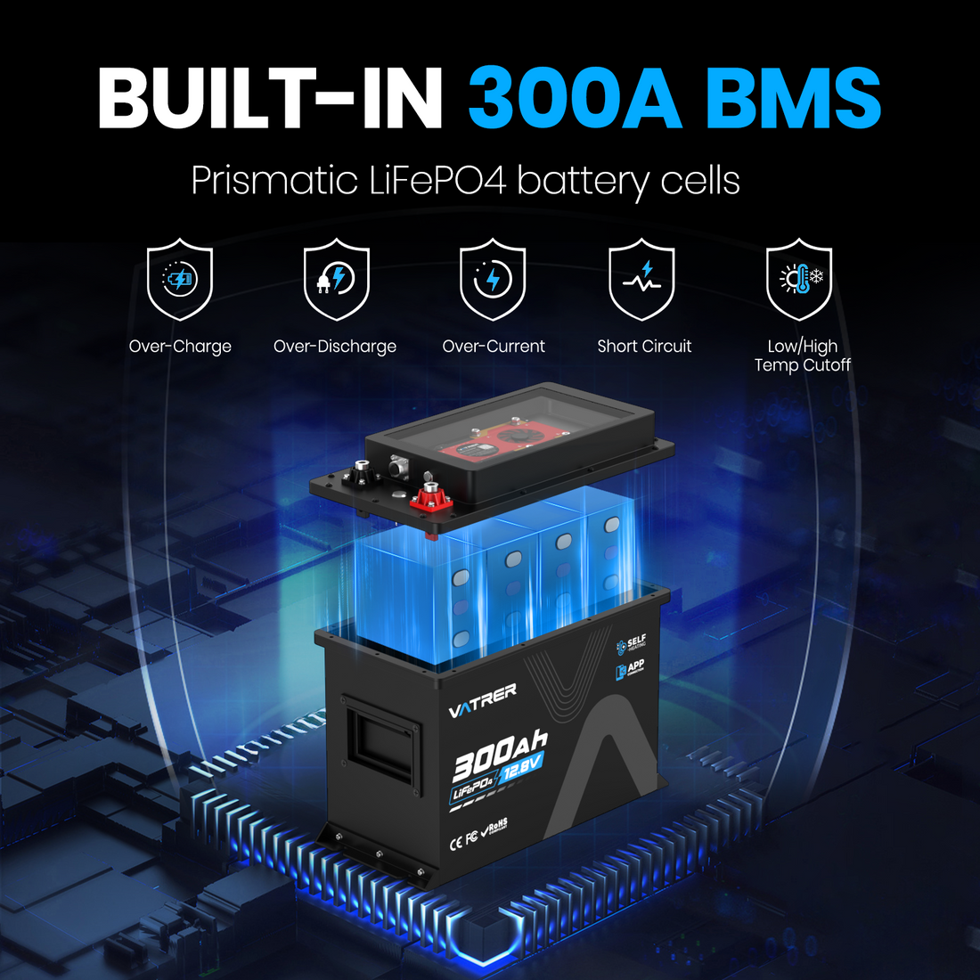 Vatrer 12V 300Ah RV Lithium Battery With Self-heating Function, 3kWh RV ...