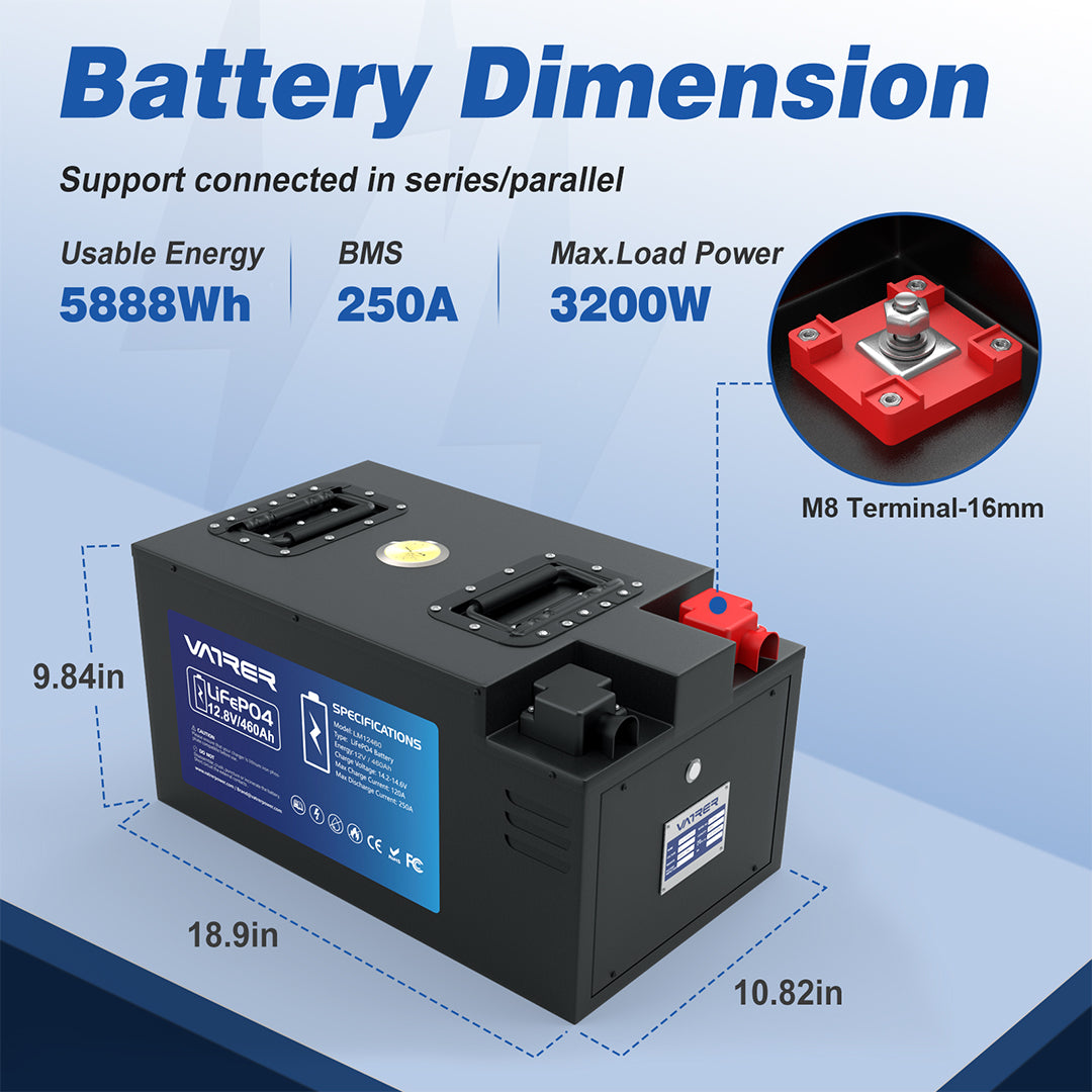 Vatrer 12V 460AH Low Temp Cutoff LiFePO4 RV Battery, Built in 250A BMS