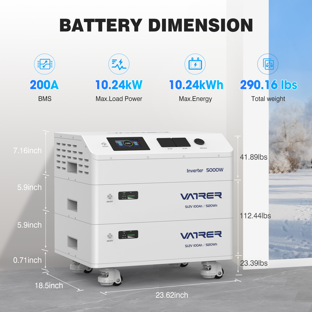 Vatrer 48V 100Ah 10KWh Lithium Battery, Stacked 2 Cells Modular LFP Battery Pack, All-In-One ...