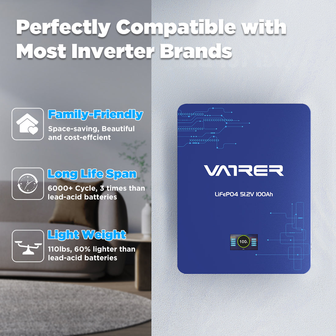 Vatrer 51.2V 100Ah Wall Mounted Lithium Solar Batteries-Vatrer