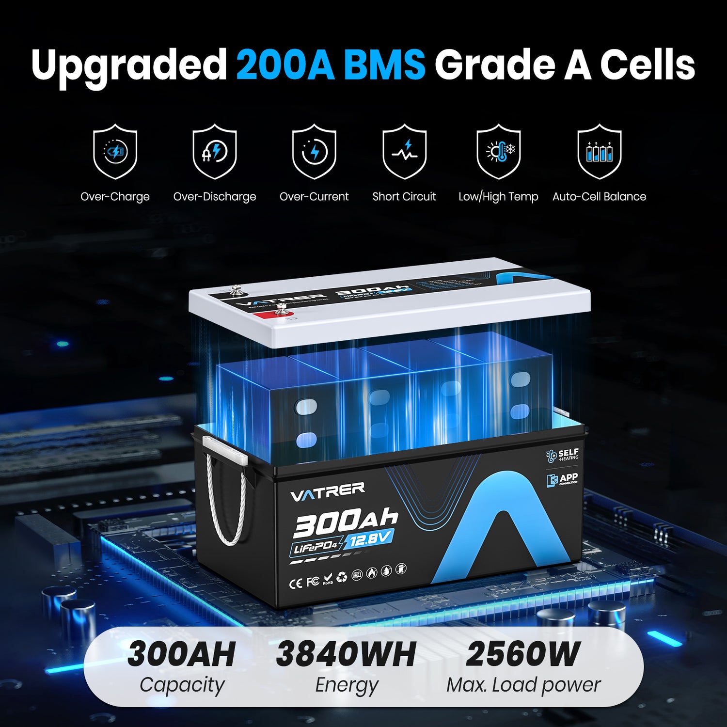 Vatrer 12V 300AH Bluetooth LiFePO4 Self Heating Lithium Battery-Vatrer