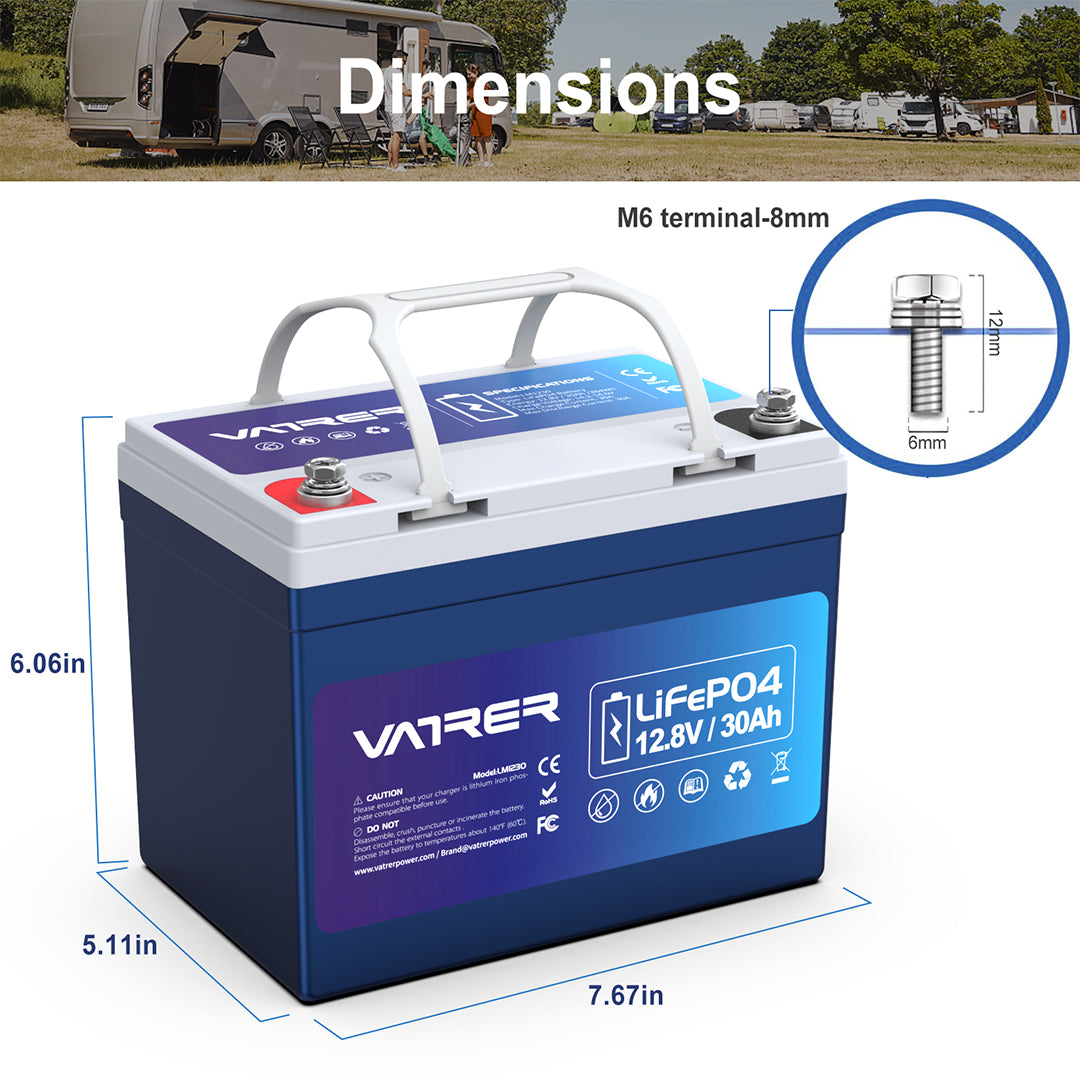 Vatrer 12V 30AH LiFePO4 Lithium Battery, Built-in 30A BMS, 5000+ Cycle