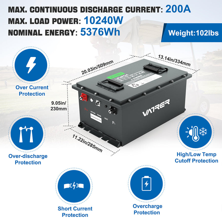 Vatrer 48V 105AH LiFePO4 Self-Heating Lithium Golf Cart Battery, Built ...