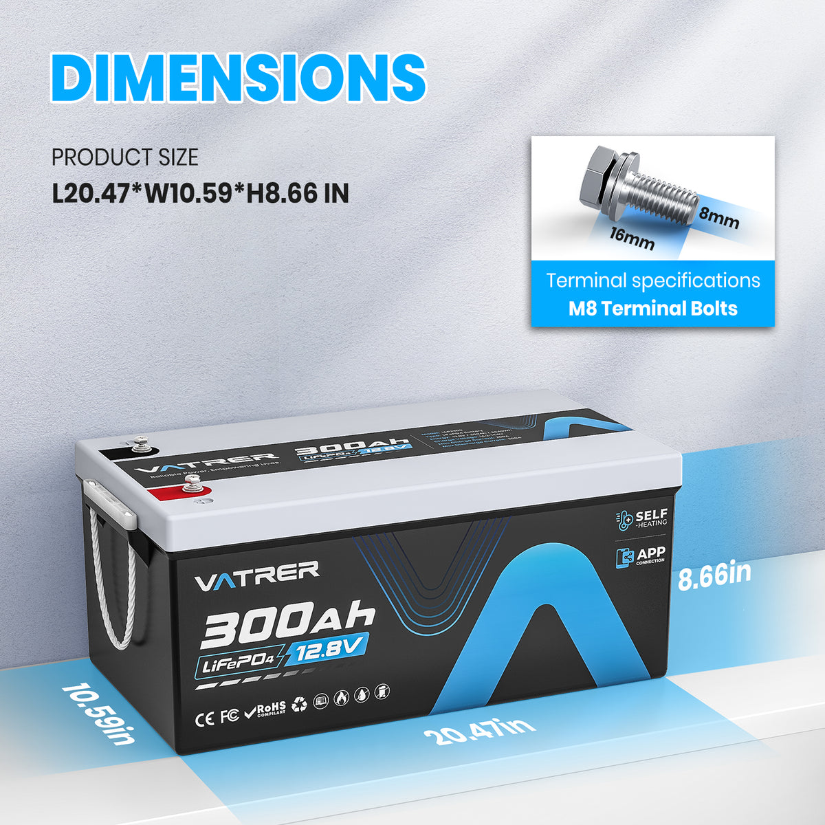 Vatrer 12V 300AH Bluetooth LiFePO4 Self Heating Lithium Battery-Vatrer