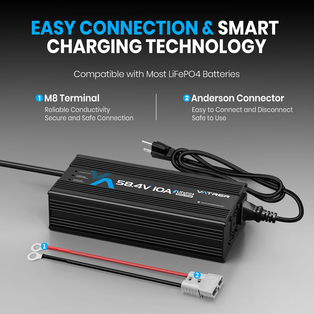 Vatrer 48V Lithium Battery Charger, 58.4V 10A AC-DC LiFePO4 Smart Batt ...
