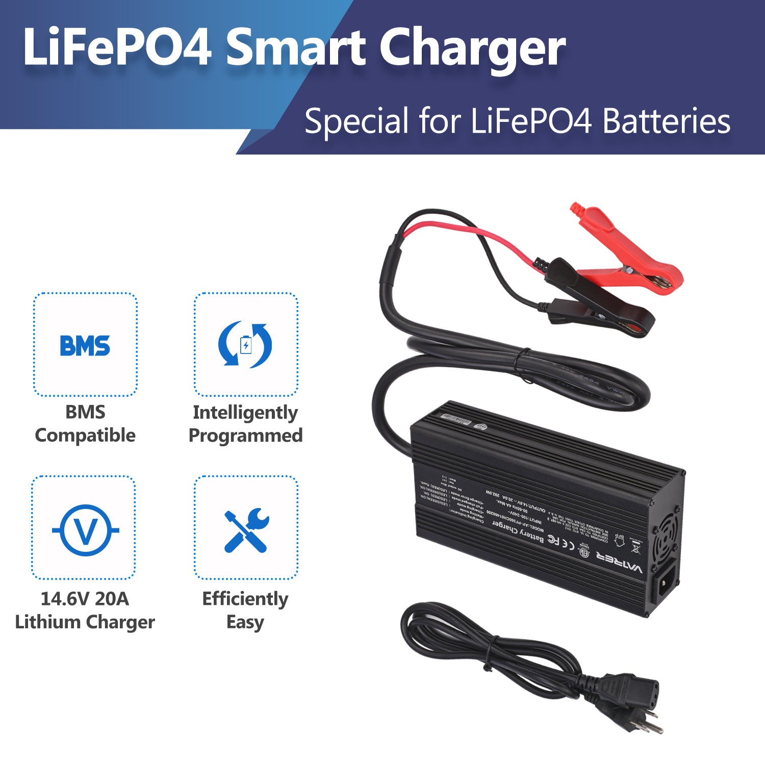 14.6V 20A Intelligent AC-DC Battery Charger, LiFePO4 Battery Charger f ...