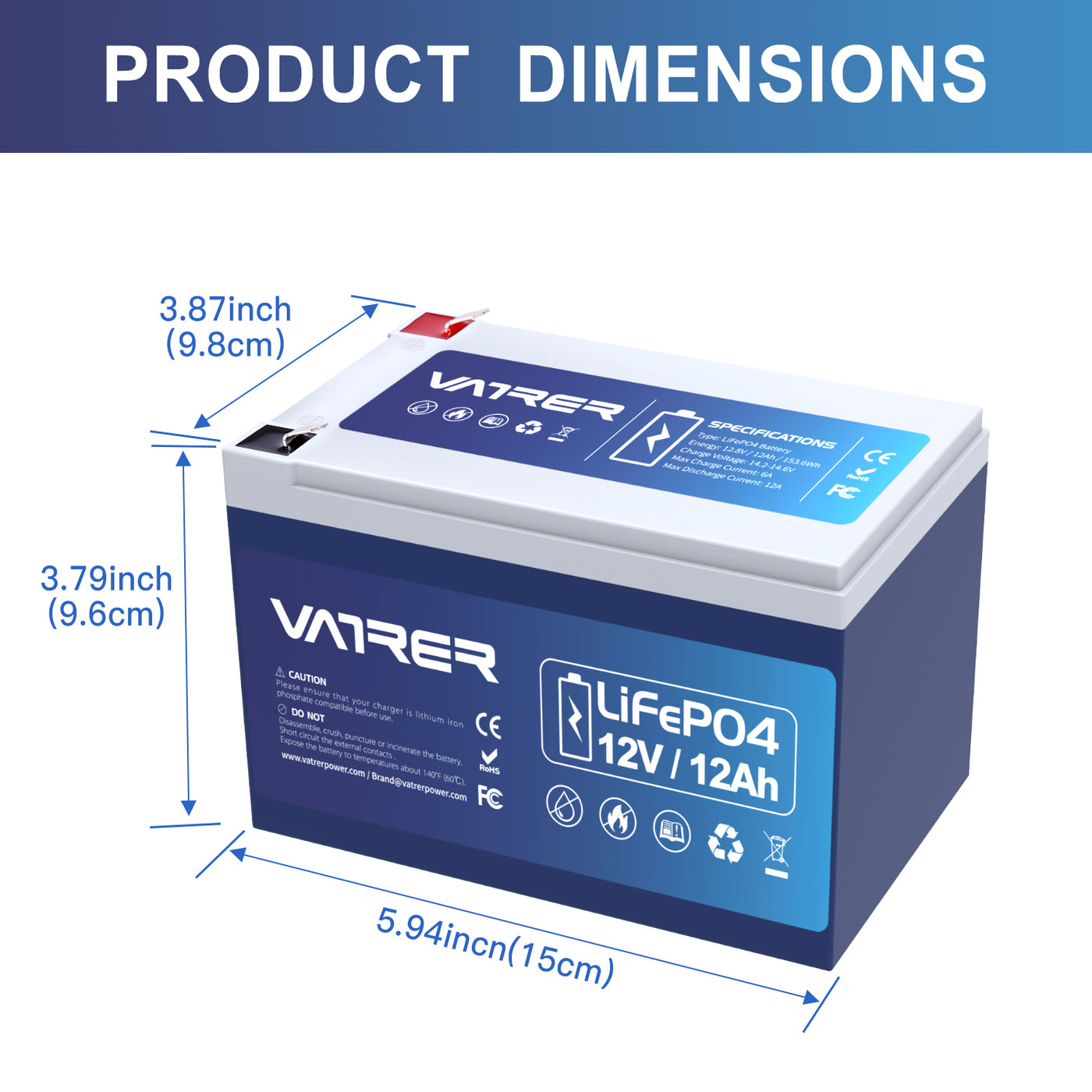12V 12Ah LiFePO4 Deep Cycle Battery - Vatrer